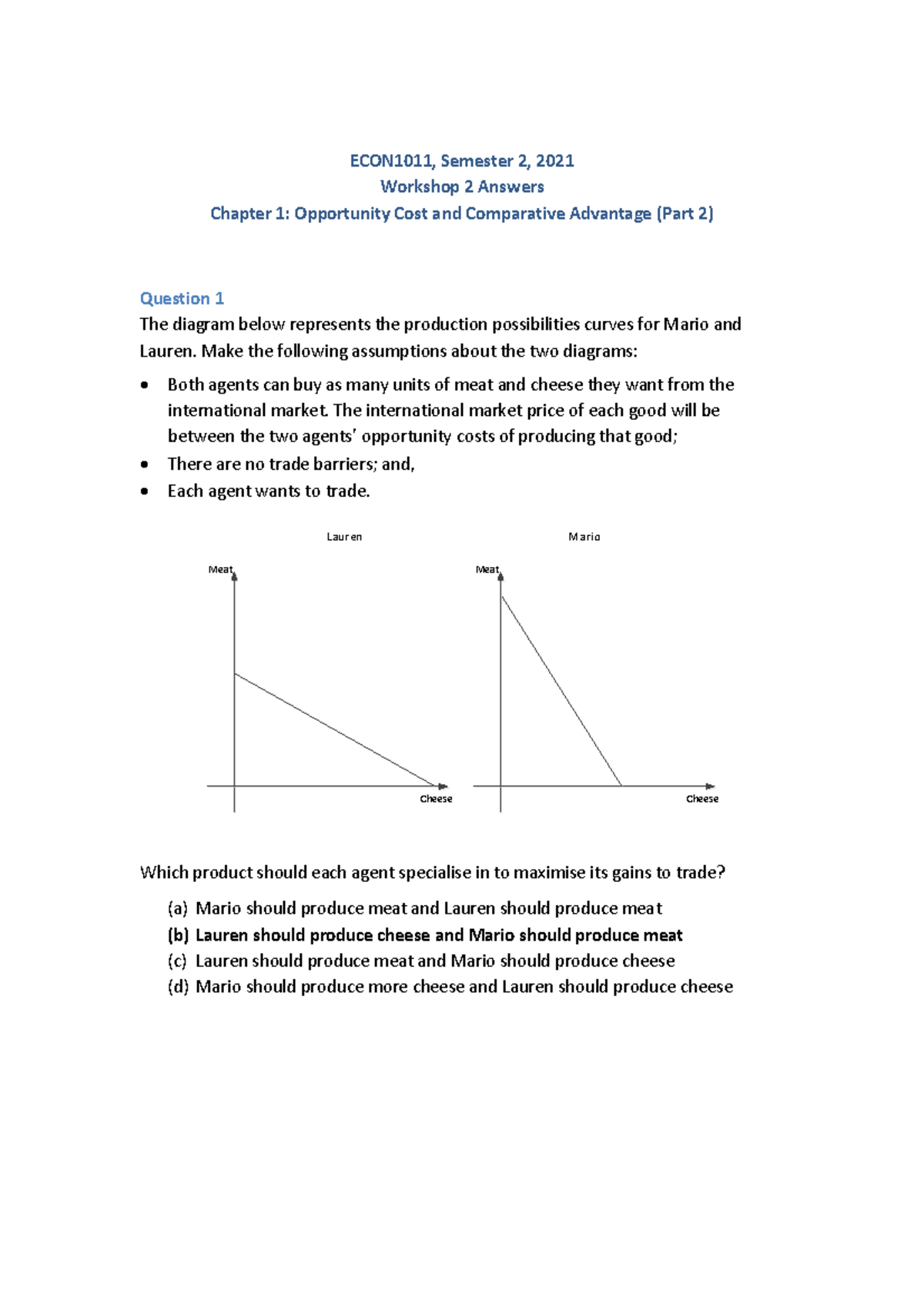 Tutorial 2 - Workshop Answer - ECON1011, Semester 2, 2021 Workshop 2 ...