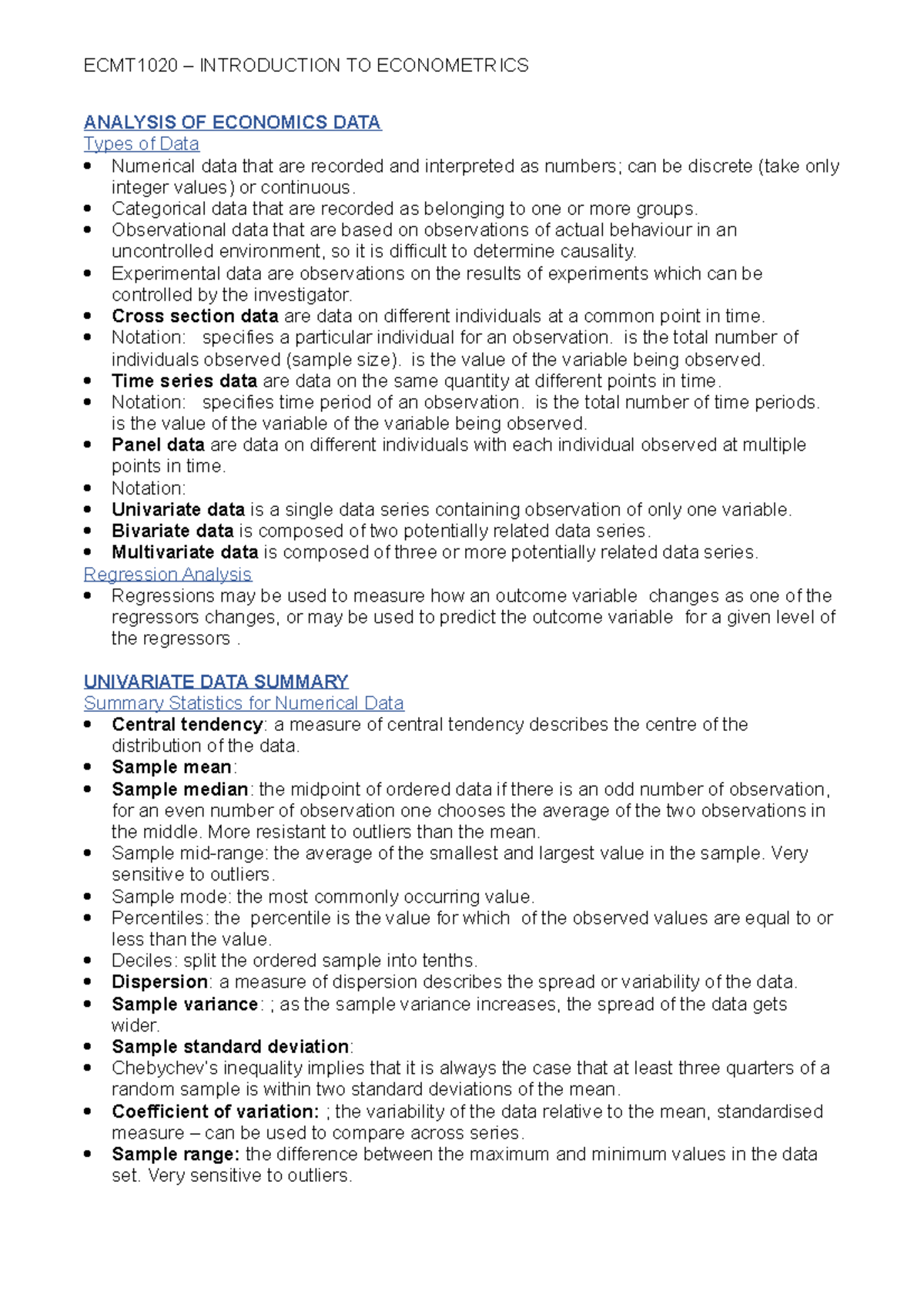 Jess Ecmt Notes All Encompassing Notes Analysis Of Economics Data Types Of Data Numerical