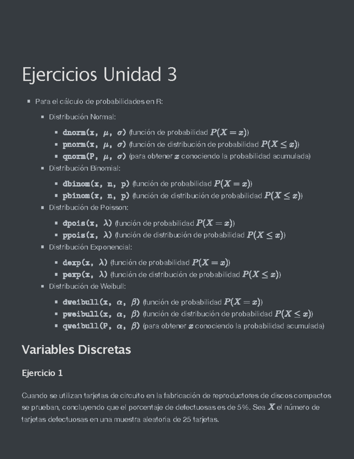 Ejercicios-Unidad 3 Estadística Computacional USM - Ejercicios Unidad 3 Para el cálculo de - Studocu