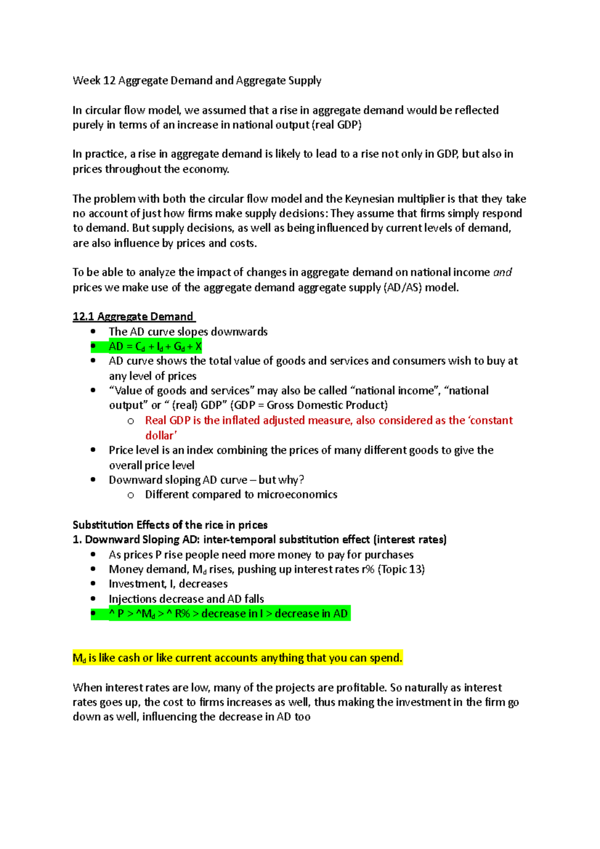 Topic 12 Aggregate Demand & Supply Notes - Week 12 Aggregate Demand and ...