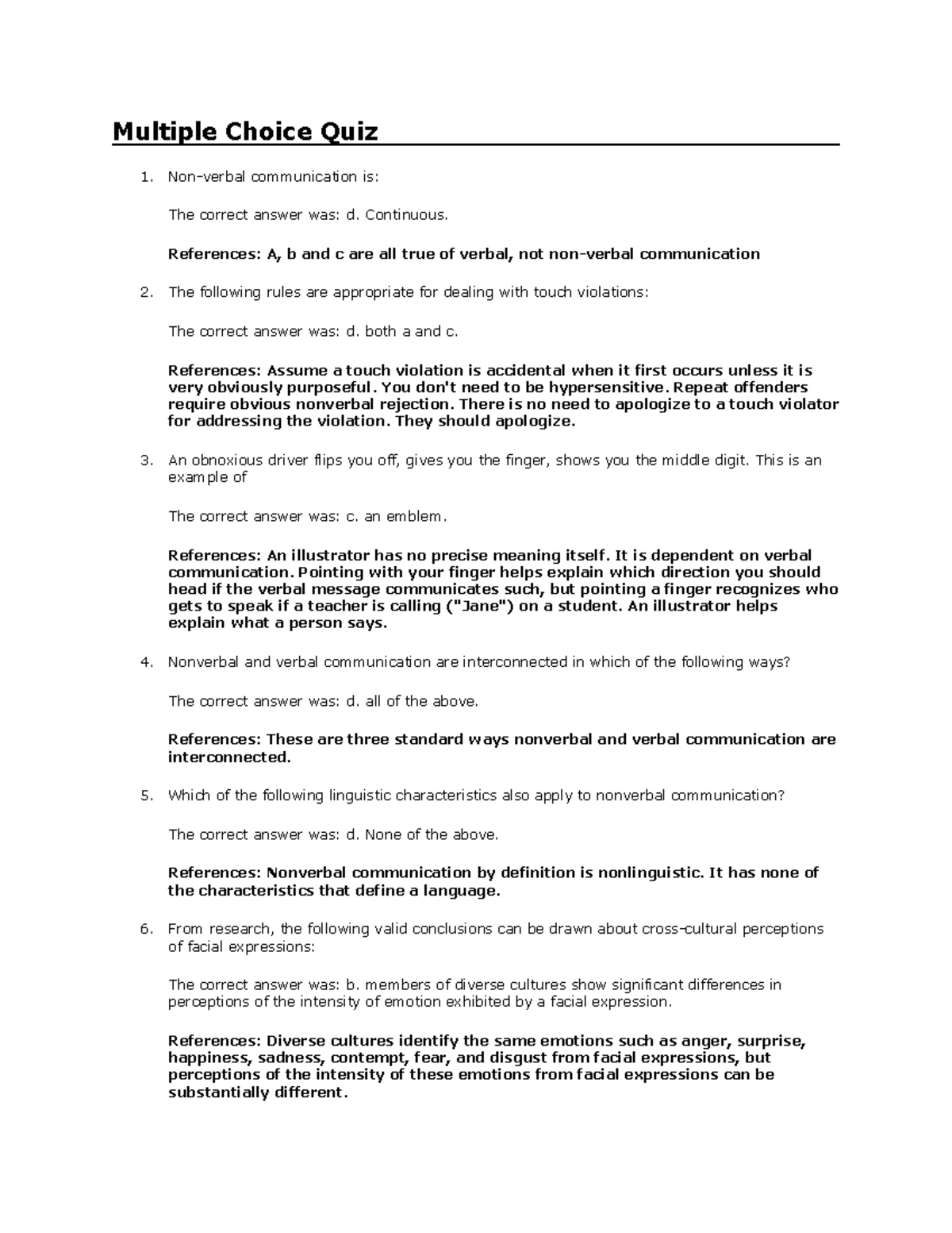 Multiple Choice Quiz - Multiple Choice Quiz Non-verbal communication is ...