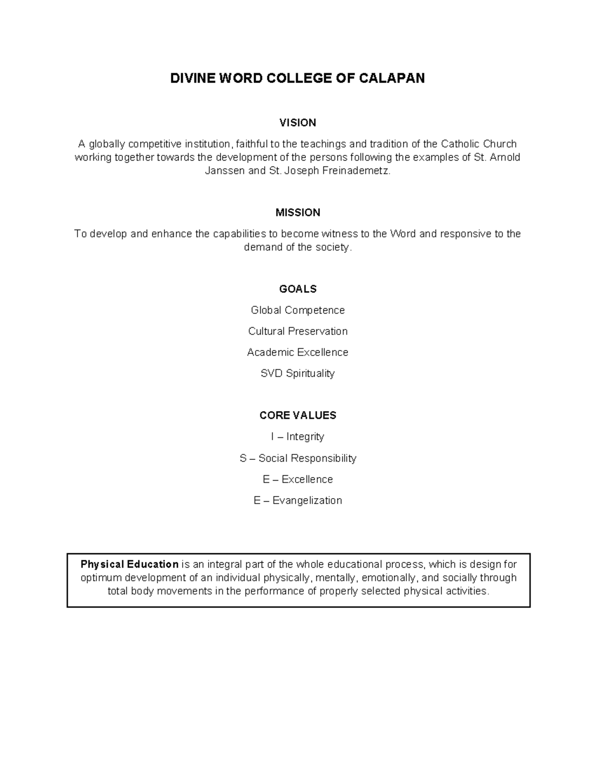 VMGC, HYMN, PE of Divine Word College of Calapan - Physical Education ...