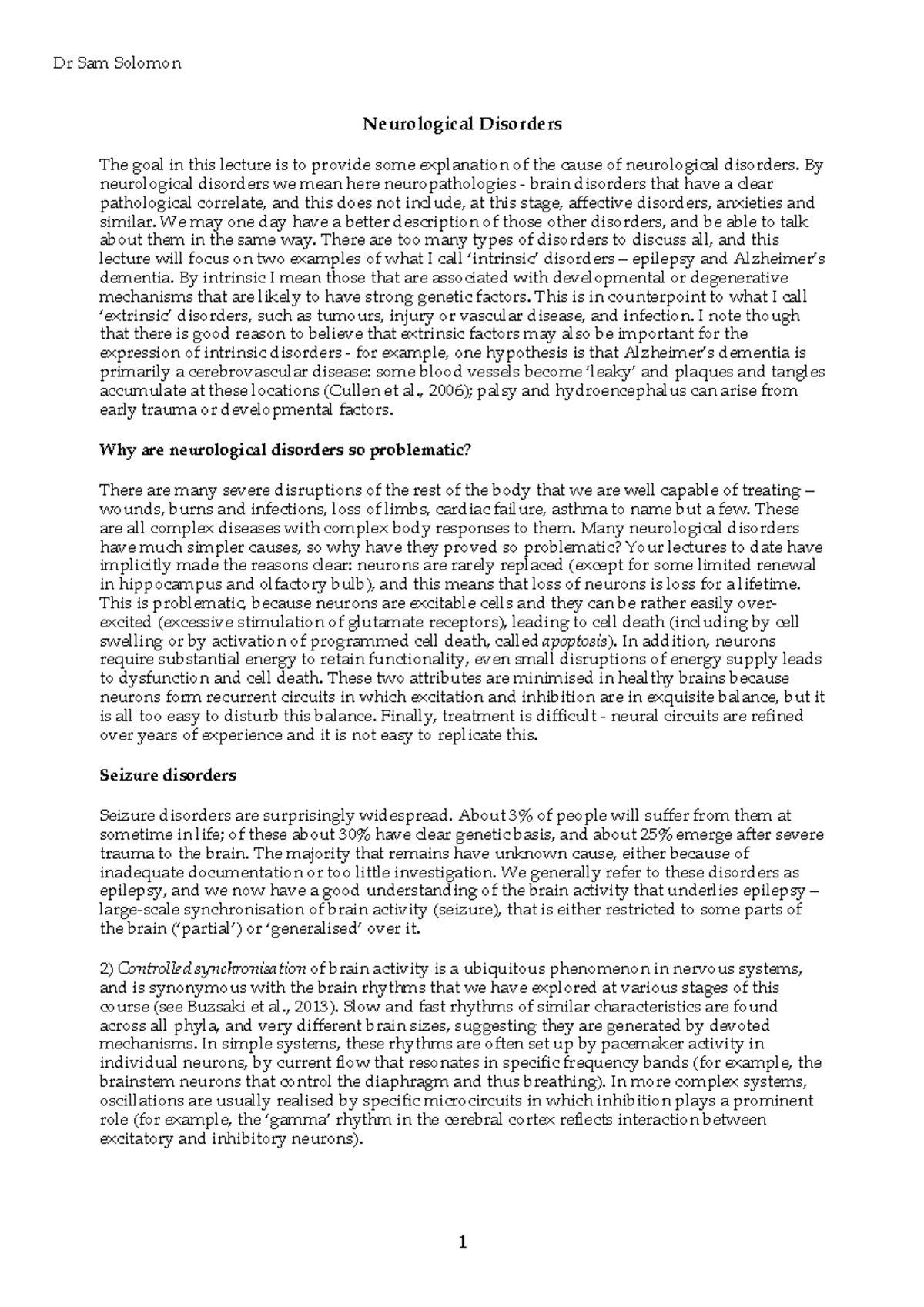 Lecture Notes Neurological Disorders - Neurological Disorders The goal ...