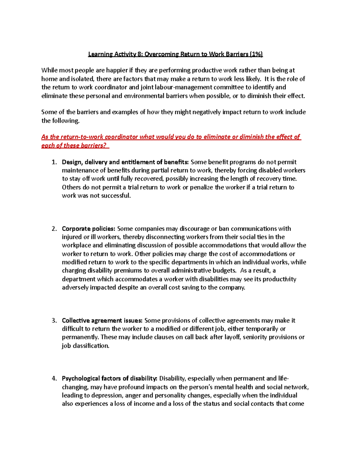 Overcoming Return to Work Barriers-Individual - Learning Activity 8 ...