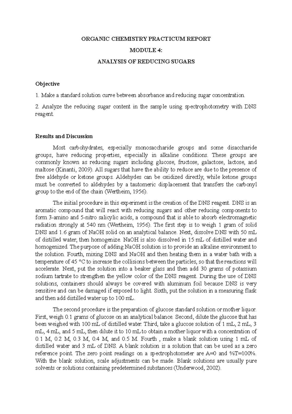 Organic Chemistry Practicum Report - Analysis of Reducing Sugars ...