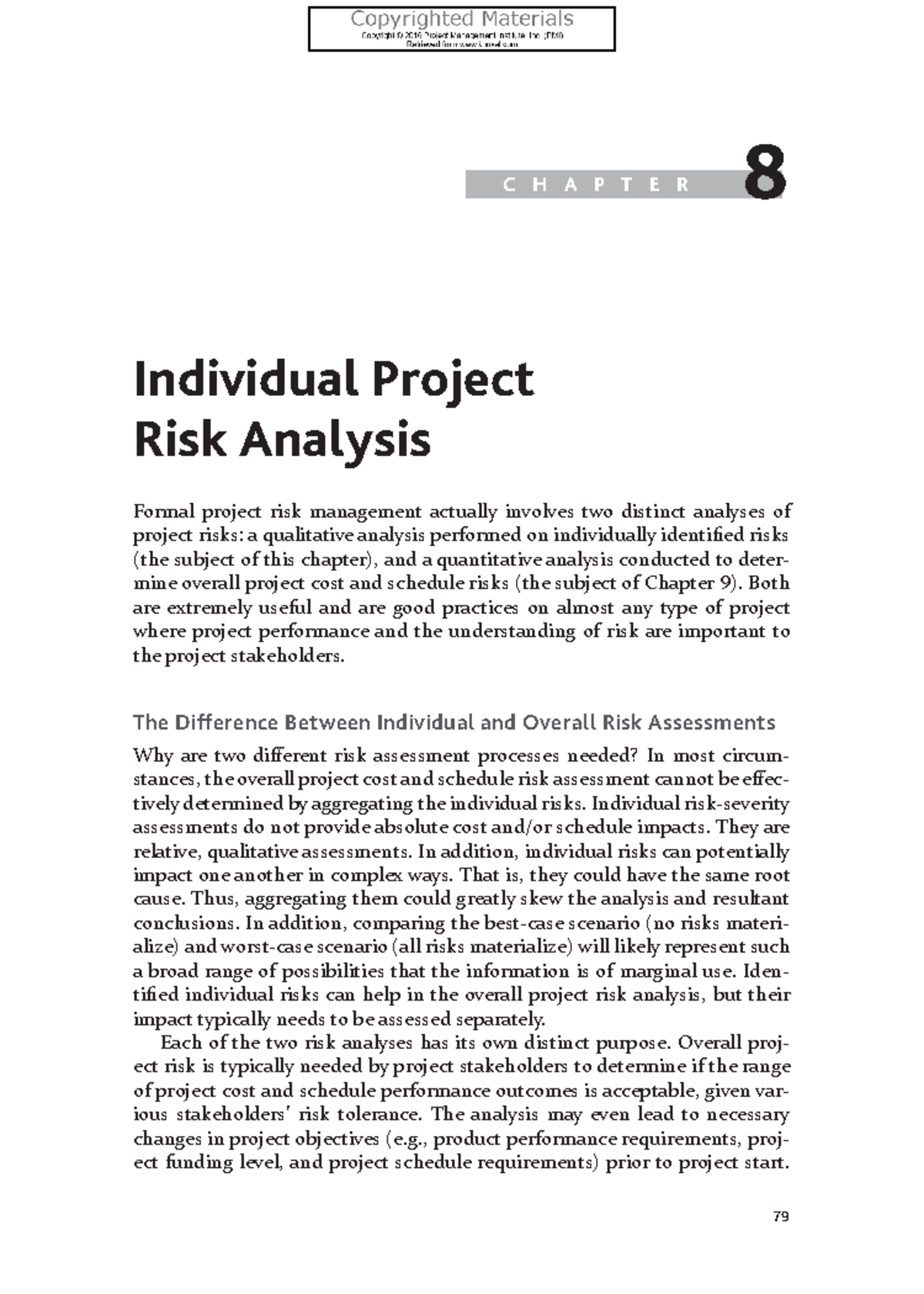 Project risk chapter 8 - 79 Individual Project Risk Analysis Formal ...