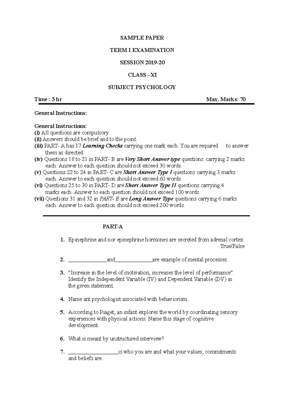 Class xi psy - SAMPLE PAPER TERM I EXAMINATION SESSION 2019- CLASS –XI ...