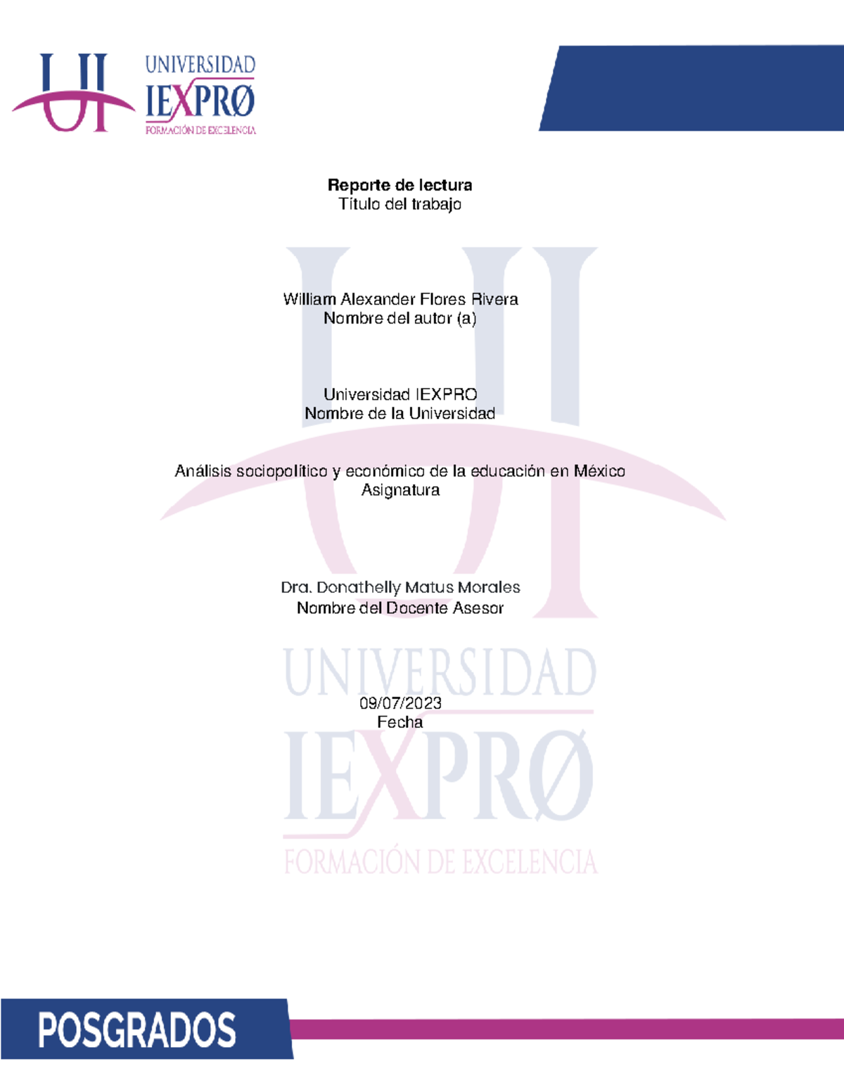Reporte de lectura - ayuda - Reporte de lectura Título del trabajo ...