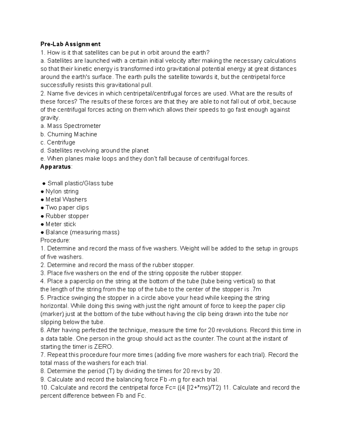 Centripetal Force - Paper - Pre-Lab Assignment How is it that ...