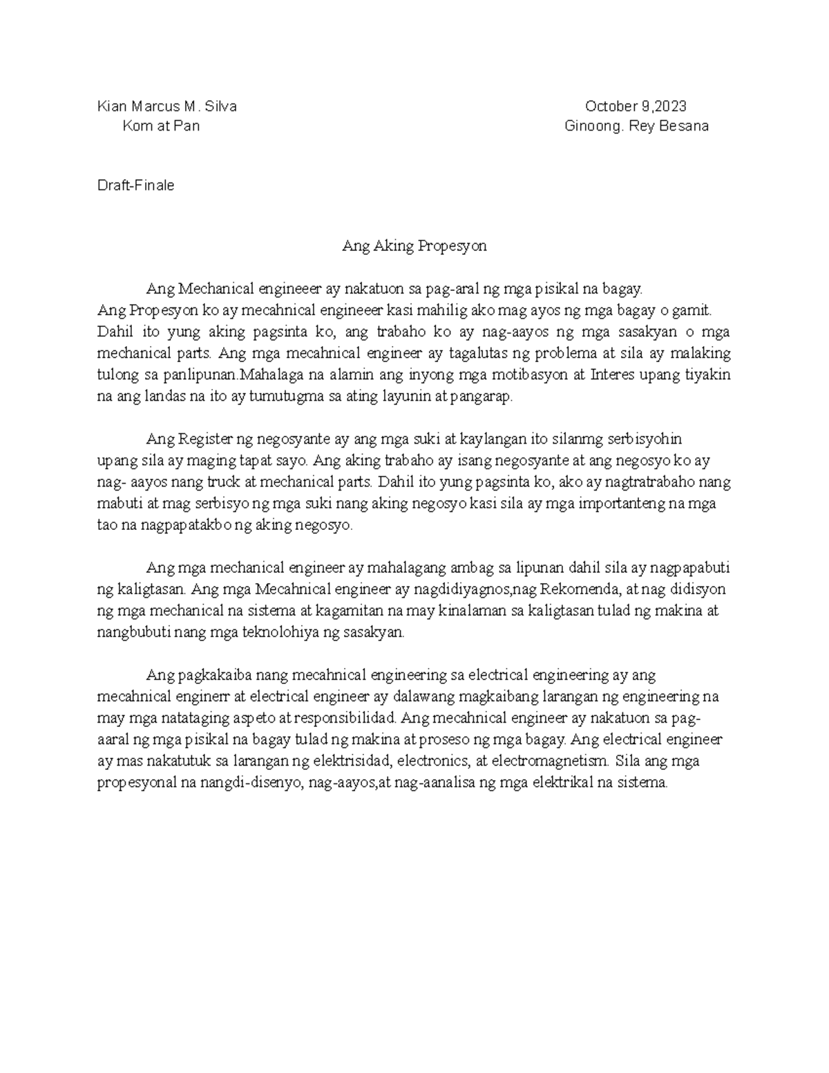 Propesyon 2 - GWTETAGAG - Kian Marcus M. Silva October 9, Kom at Pan ...