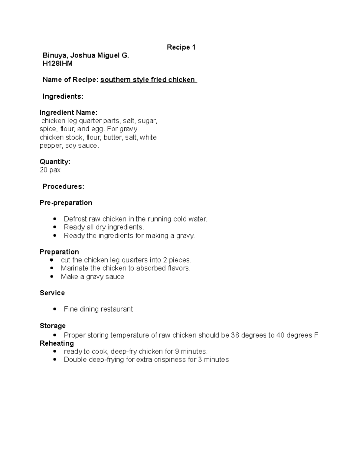 A RISK Assessment Recipe PLAN FOR FOOD Service Operations - Recipe 1 ...
