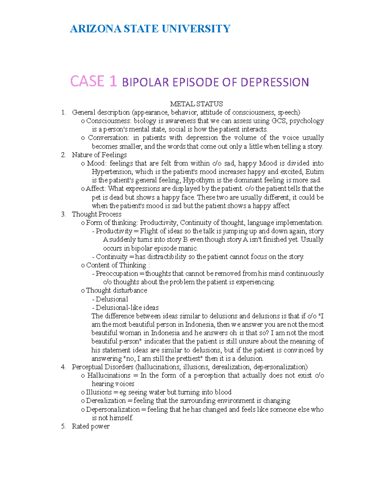 Lecturer Notes Bipolar Episode OF Depression Part 1 - ARIZONA STATE ...
