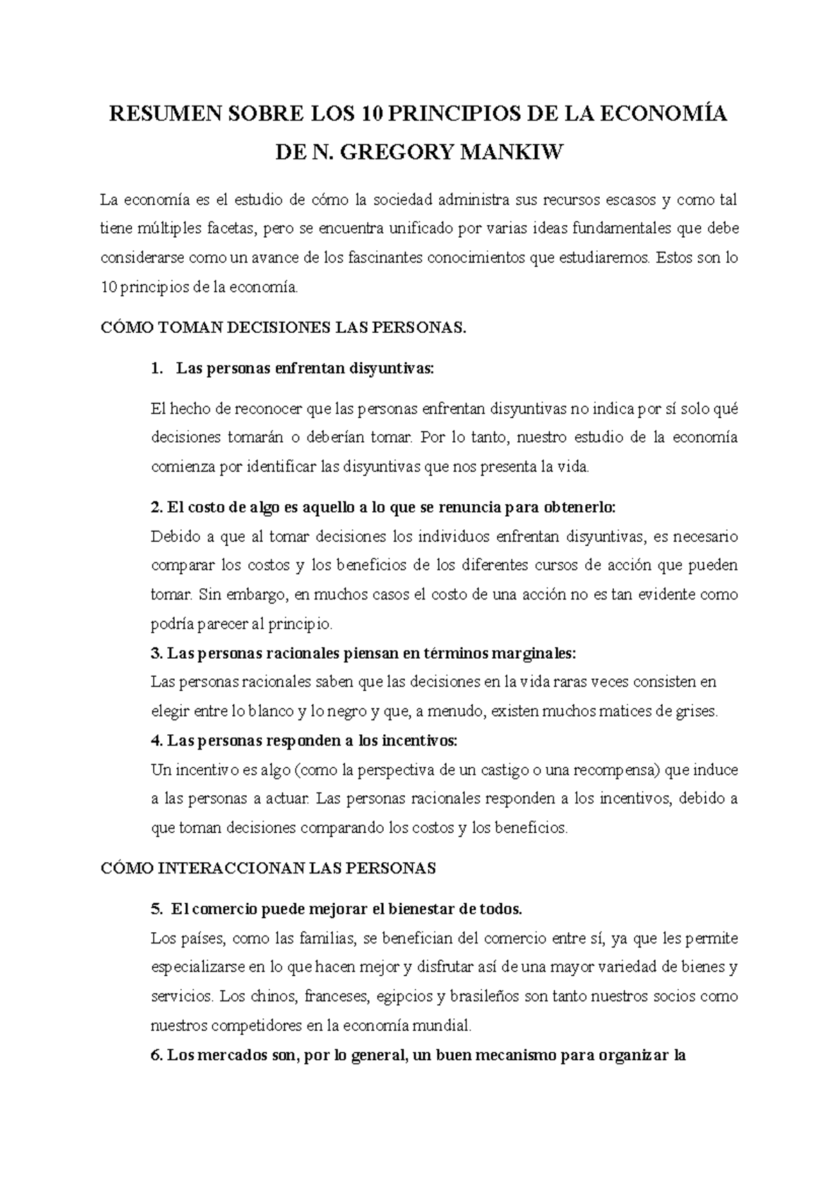 Principios de Economia - RESUMEN SOBRE LOS 10 PRINCIPIOS DE LA ECONOMÍA DE N. GREGORY MANKIW La ...