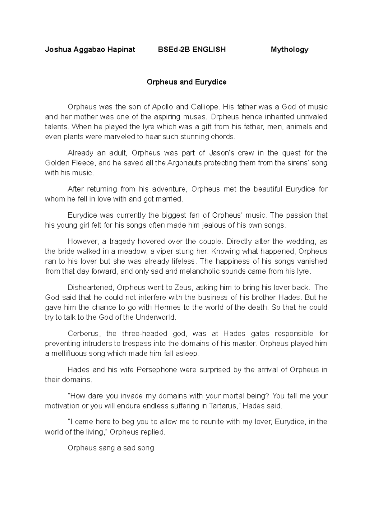 Orpheus and Eurydice - Summary - Joshua Aggabao Hapinat BSEd-2B ENGLISH ...