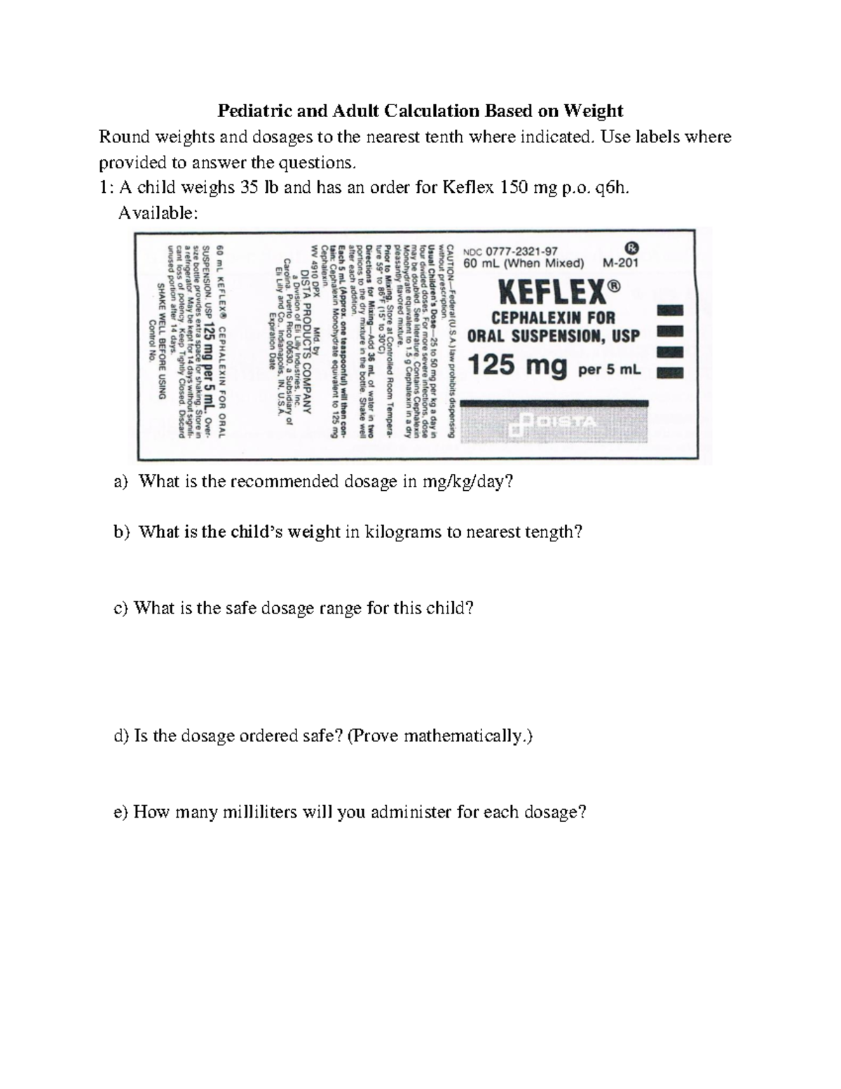 Padiatric Dosage Calculations-Worksheet - Pediatric and Adult ...