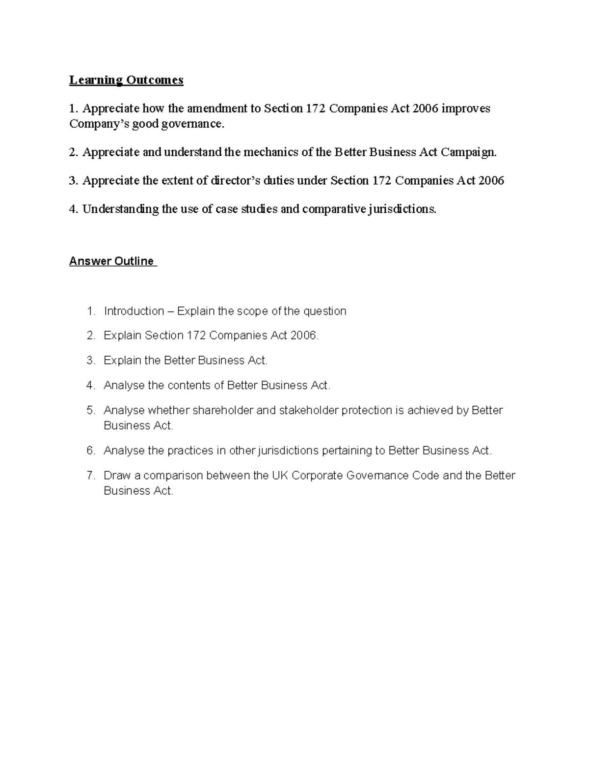 Answer Scheme Coursework Company Law 2021 - Learning Outcomes 1 ...