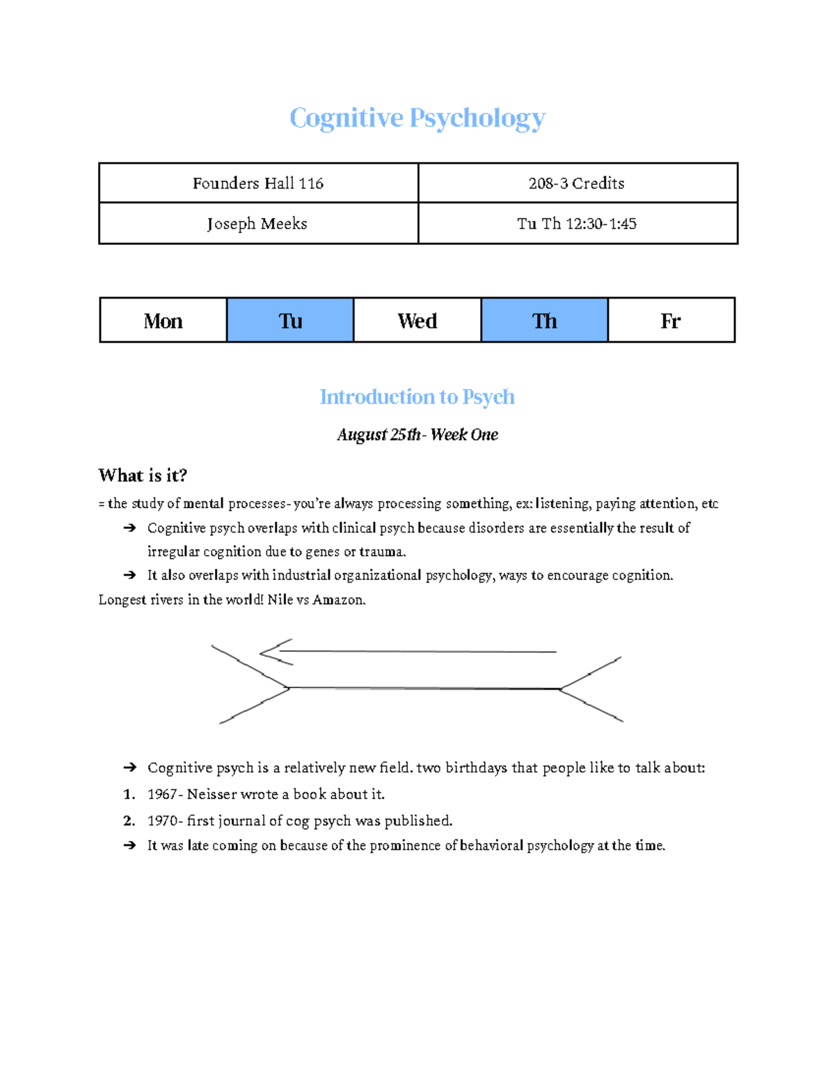 P1 Class notes Cognitive psych - Cognitive Psychology Founders Hall 116 ...