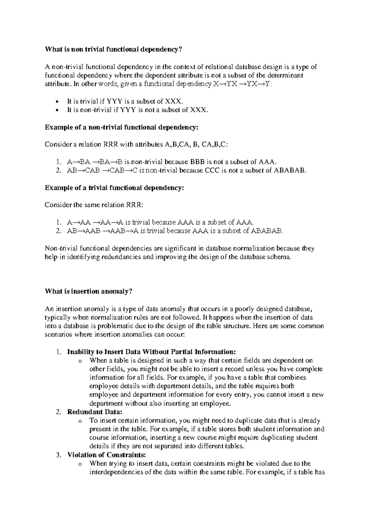DBMS Important questions - What is non trivial functional dependency? A ...
