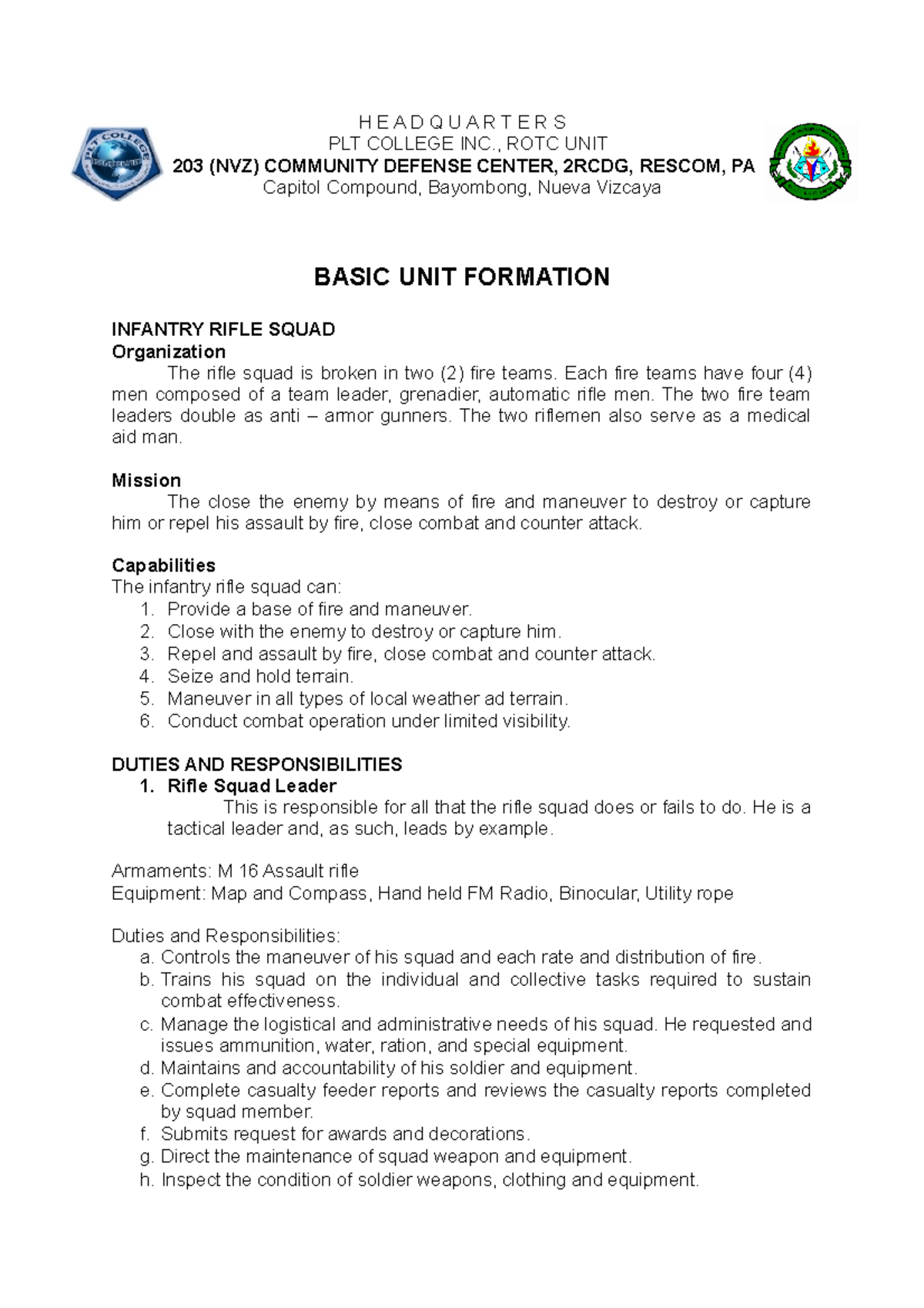 Basic Unit Formation.docx · version 1 - H E A D Q U A R T E R S PLT ...