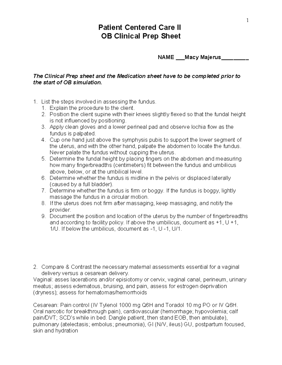 OB Clinical Pre Work - Patient Centered Care II OB Clinical Prep Sheet ...