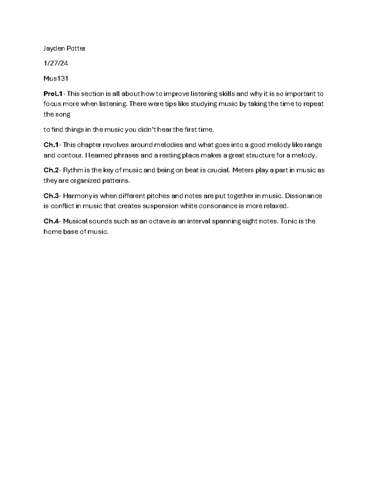 Week 2 - Post Chapter Summaries - Jayden Potter 1/2 7 / Mus Prel- This ...
