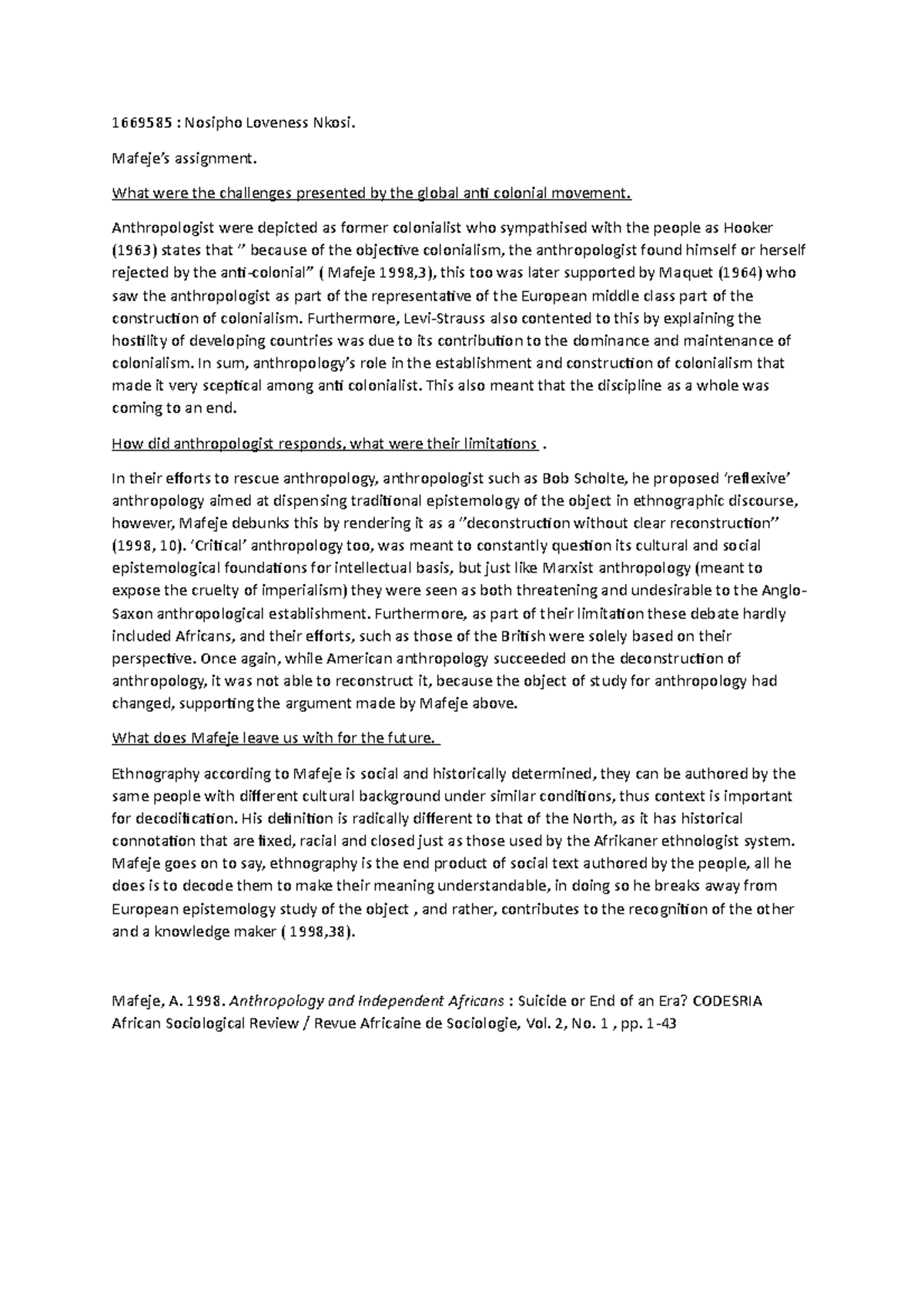 1669585. Mafeje docx - Short summary of what Mojefe talks about in ...