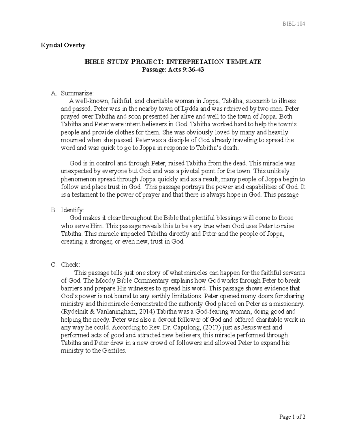 Bible Study Project Interpretation assignment - BIBL 104 Kyndal Overby ...