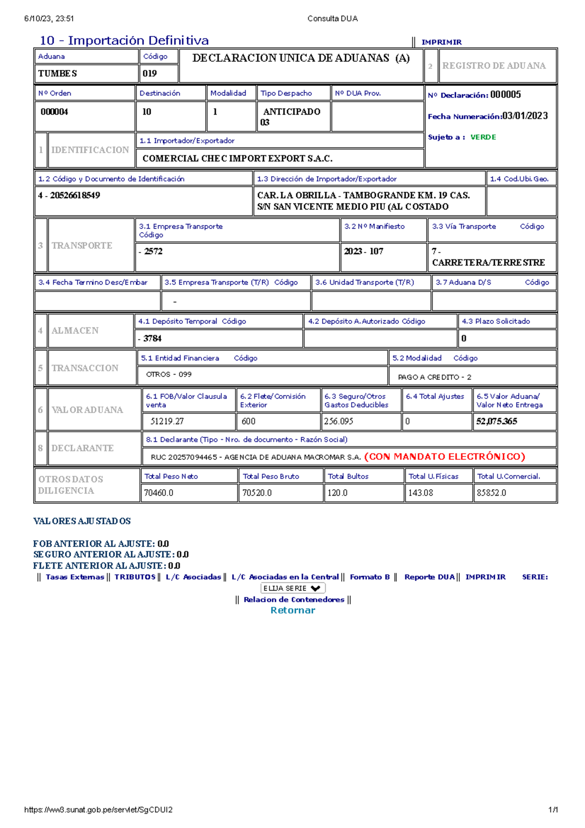Dua a5 - Dua a6 - duas de importacion - 6/10/23, 23:51 Consulta DUA ww3 ...