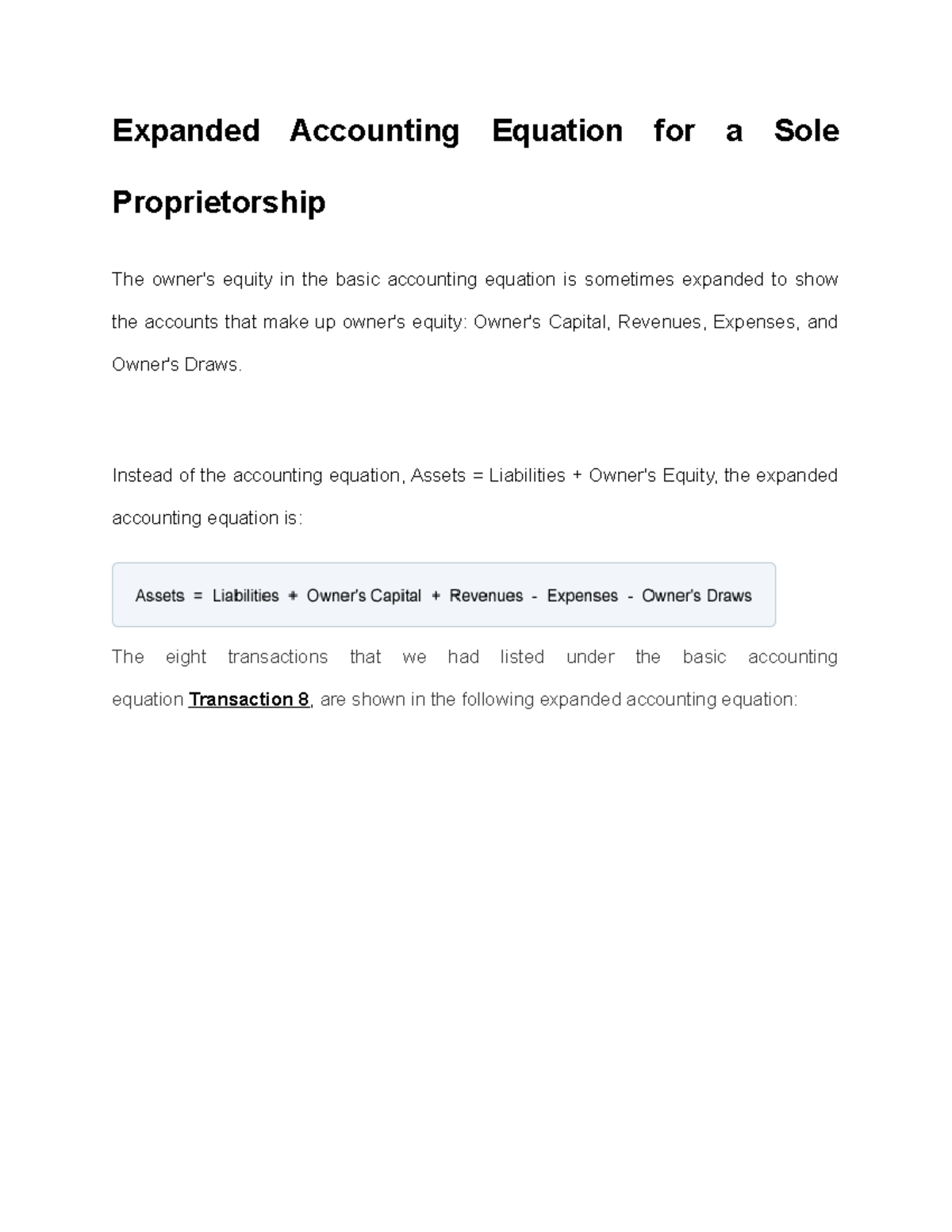 Expanded Accounting Equation for a Sole Proprietorship - Expanded ...