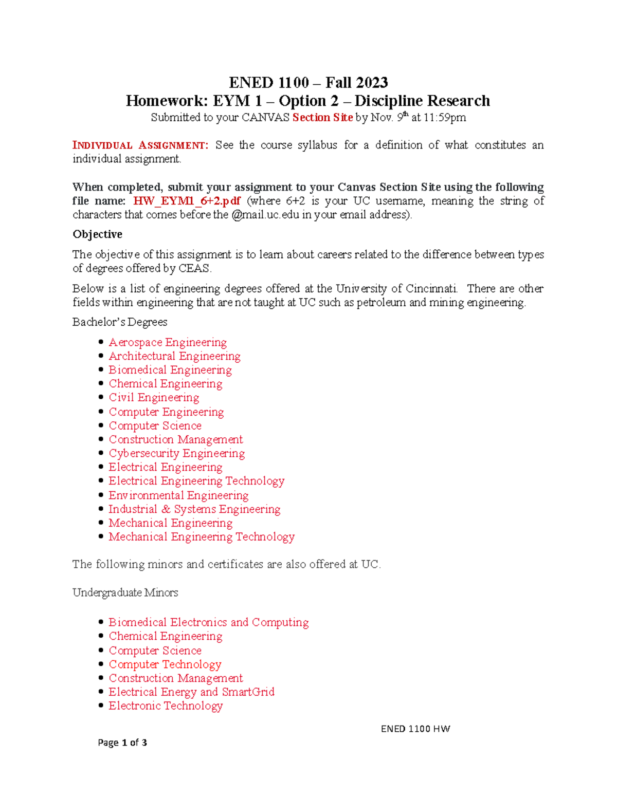 HW EYM1 (Option 2 - Discipline Research) - ENED 1100 – Fall 2023 ...