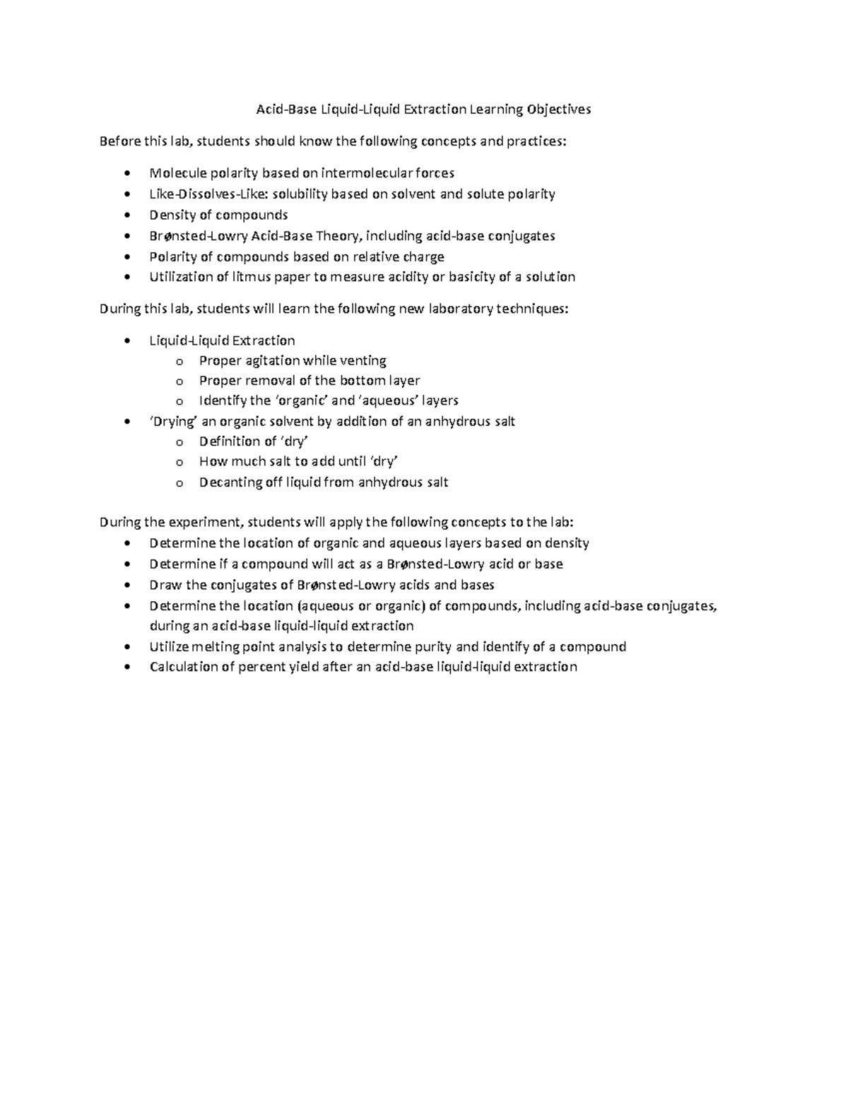 Acid-Base Liquid-Liquid Extraction Learning Objectives - Studocu