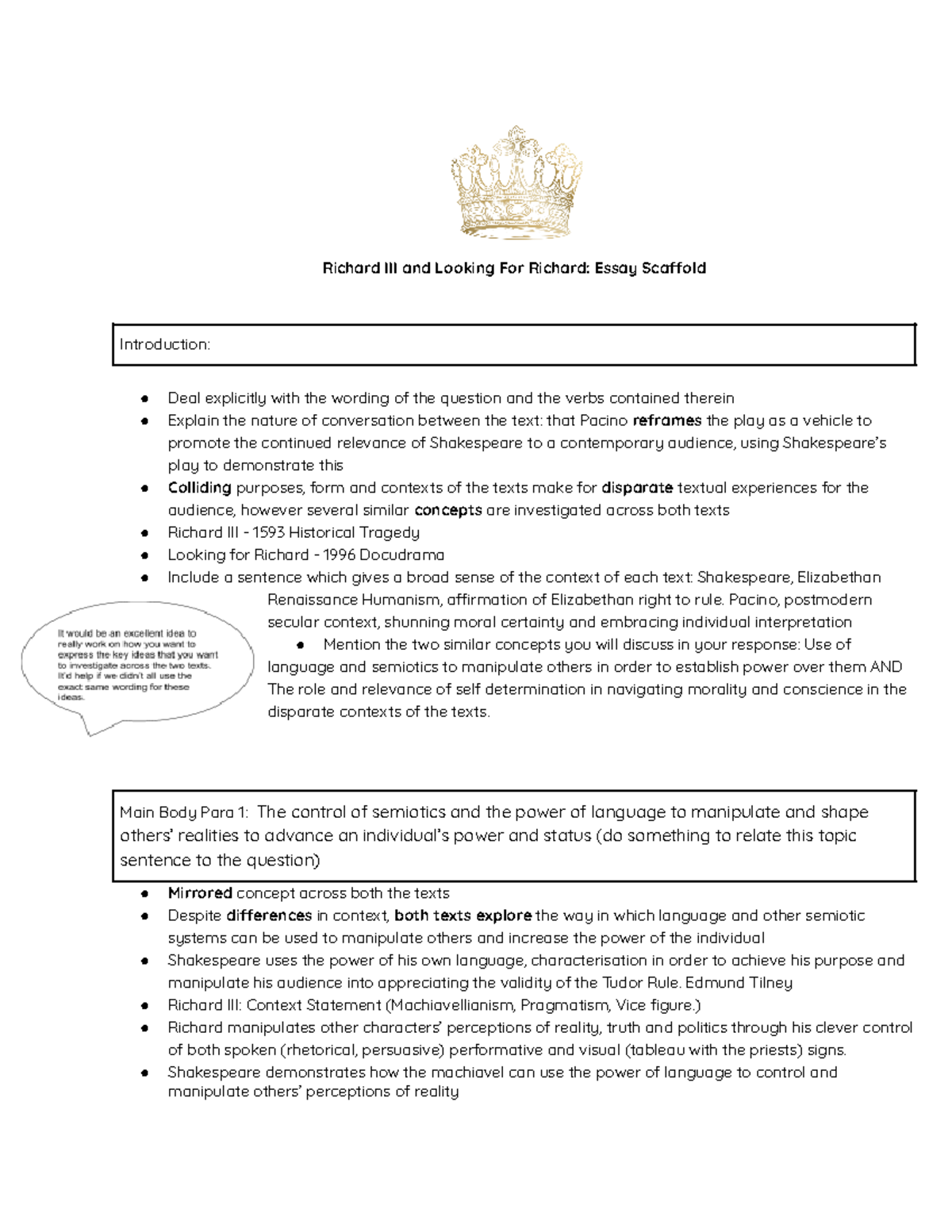 Richard III and Looking For Richard Essay Scaffold - Richard III and ...