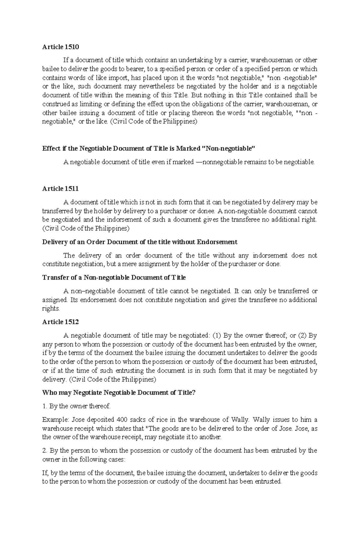 Article 1510 - Intro to Sales - Article 1510 If a document of title ...
