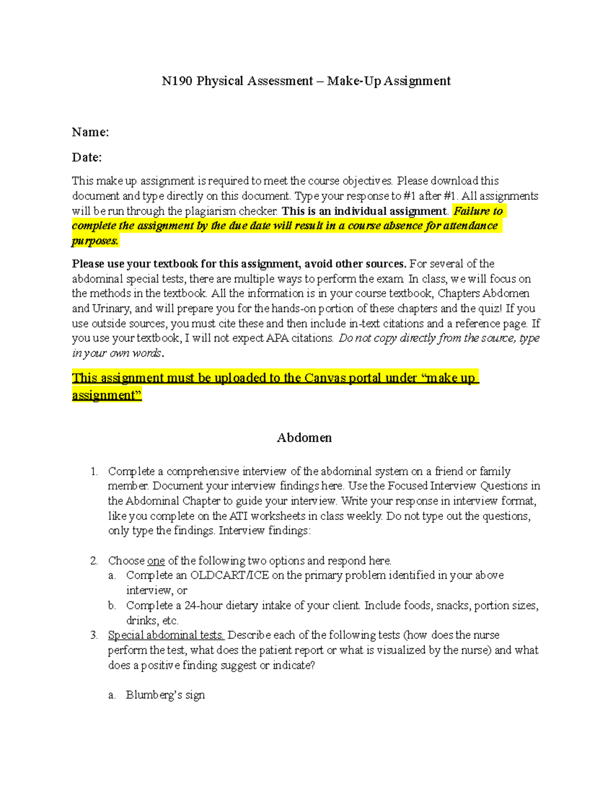 N190 Make-up-assignment abd GU - N190 Physical Assessment – Make-Up Assignment Name: Date: This ...