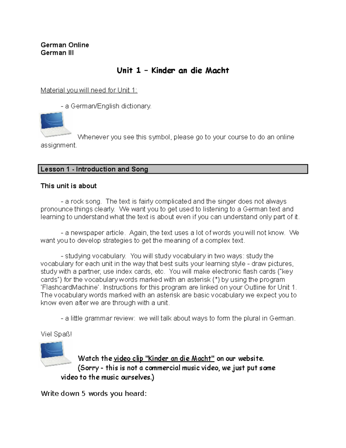Unit 1 Worksheet - Unit 1 overview assignment - German Online German ...