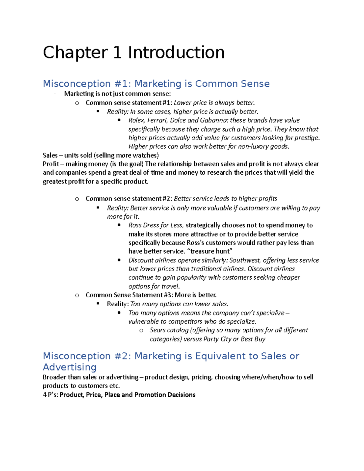 Marketing Chapter 1 Notes - Chapter 1 Introduction Misconception #1 ...
