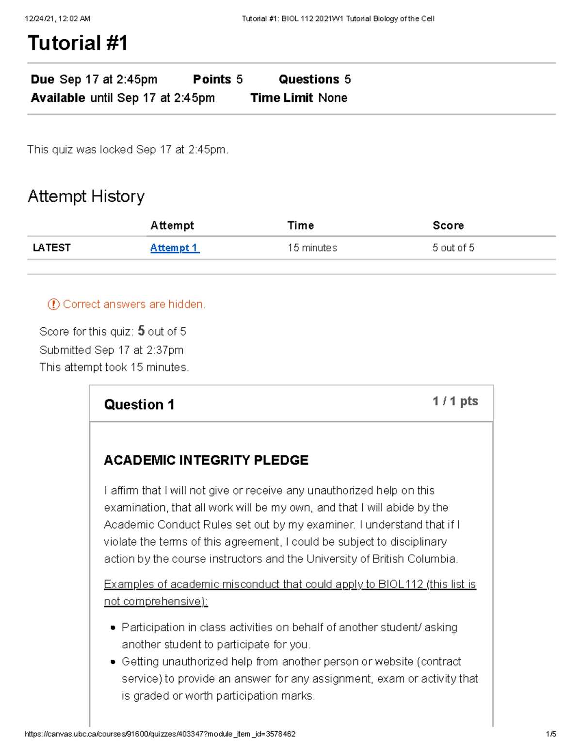 Tutorial #1 BIOL 112 2021W1 Tutorial Biology of the Cell - Tutorial Due ...