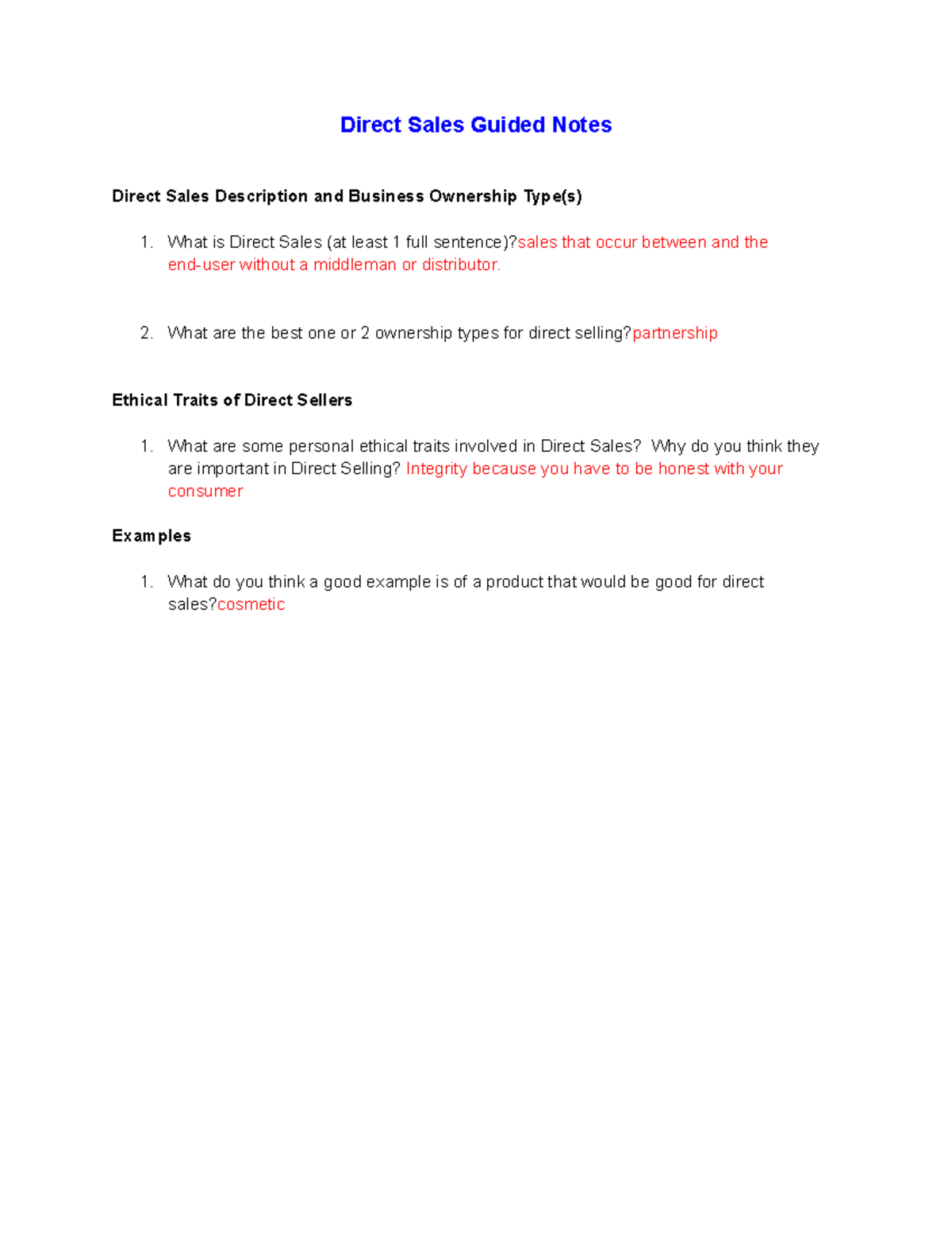 Direct Sales Guided Notes - Direct Sales Guided Notes Direct Sales ...