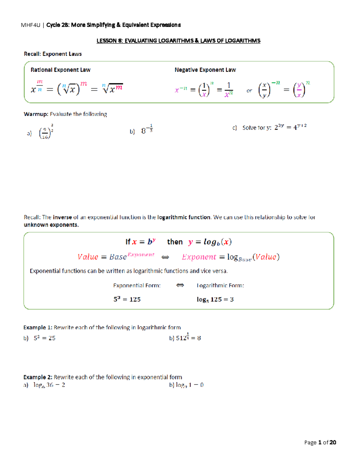 Cycle 2B Notes - math - LESSON 8 : EVALUATING LOGARITHMS & LAWS OF ...