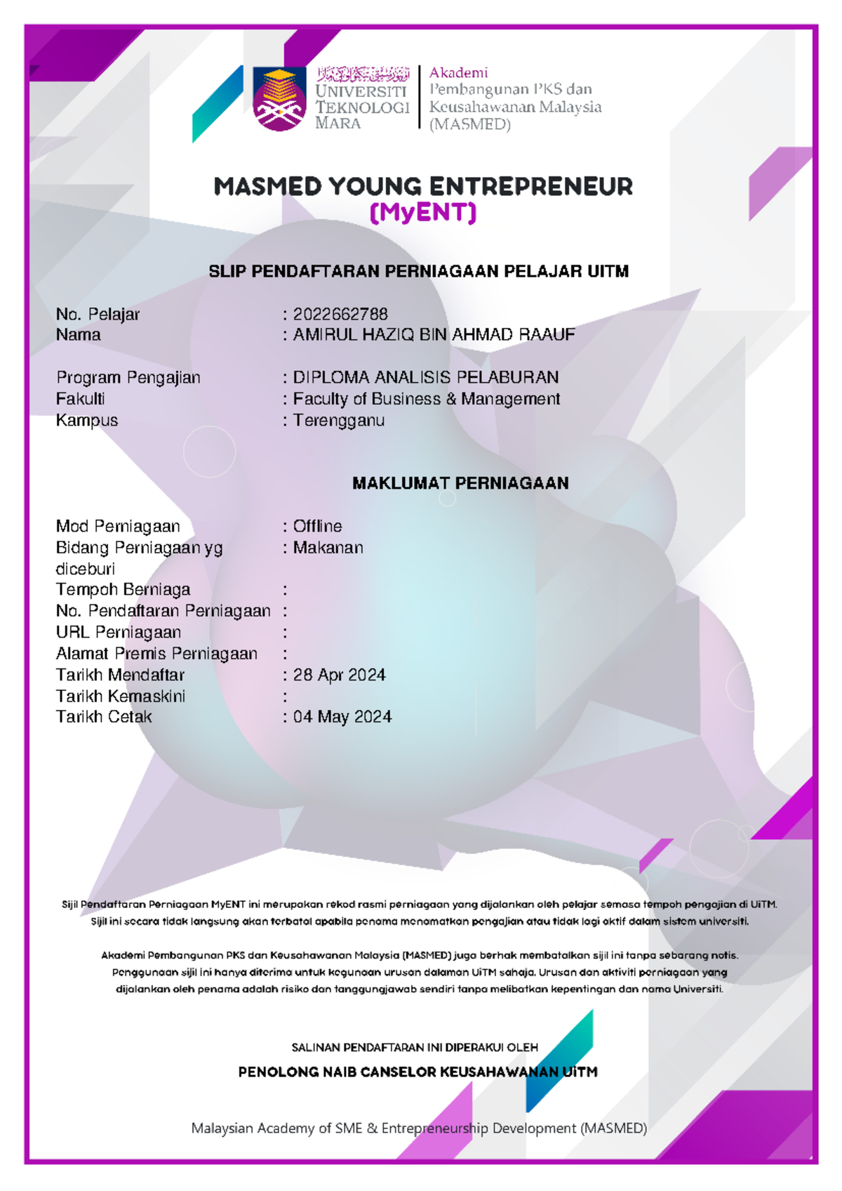 My ENT Digital Certificate - SLIP PENDAFTARAN PERNIAGAAN PELAJAR UITM ...