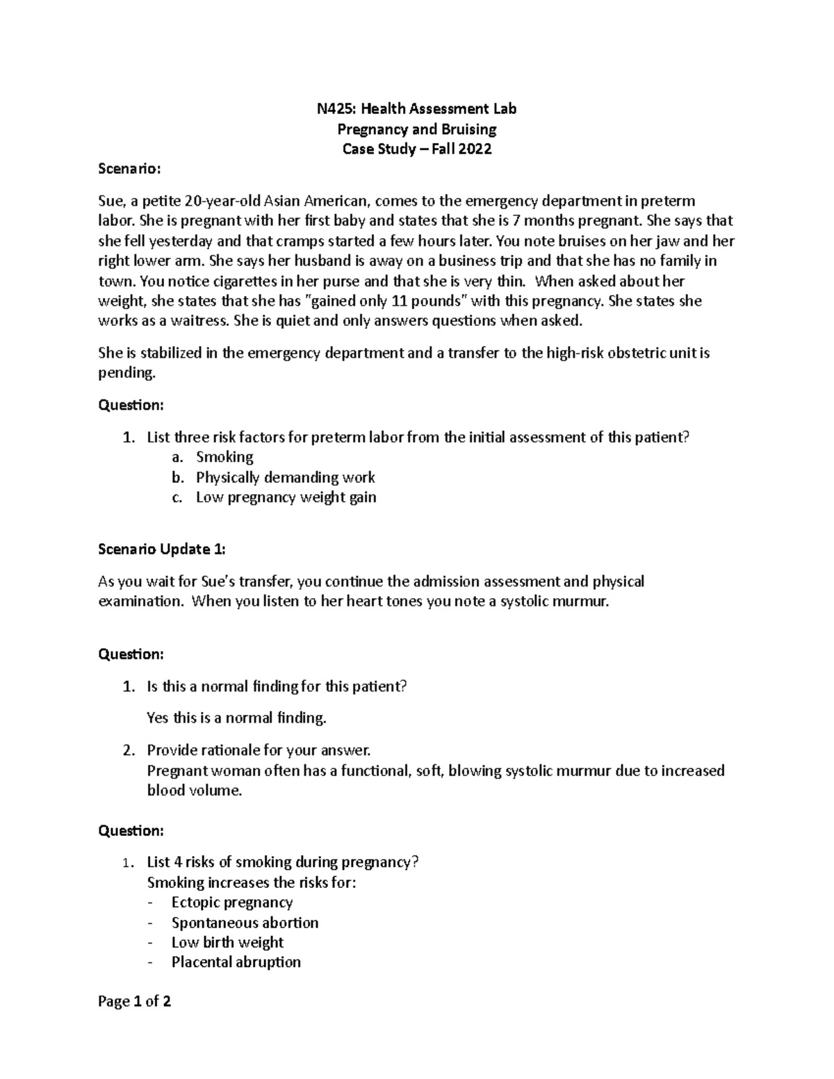 N425 Pregnancy Case Study - N425: Health Assessment Lab Pregnancy and ...