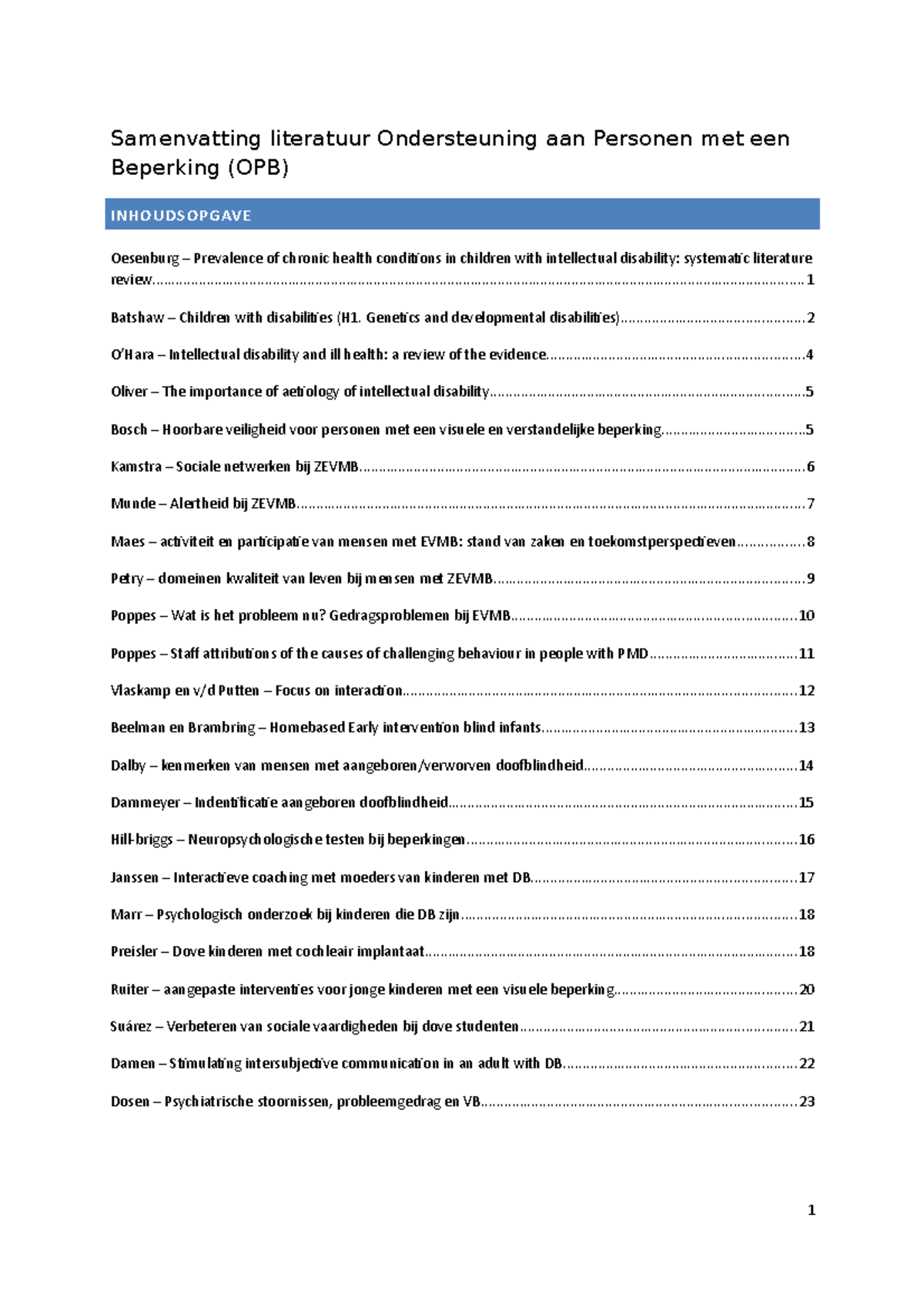 Samenvatting literatuur Ondersteuning aan Personen met een Beperking - Samenvatting literatuur ...