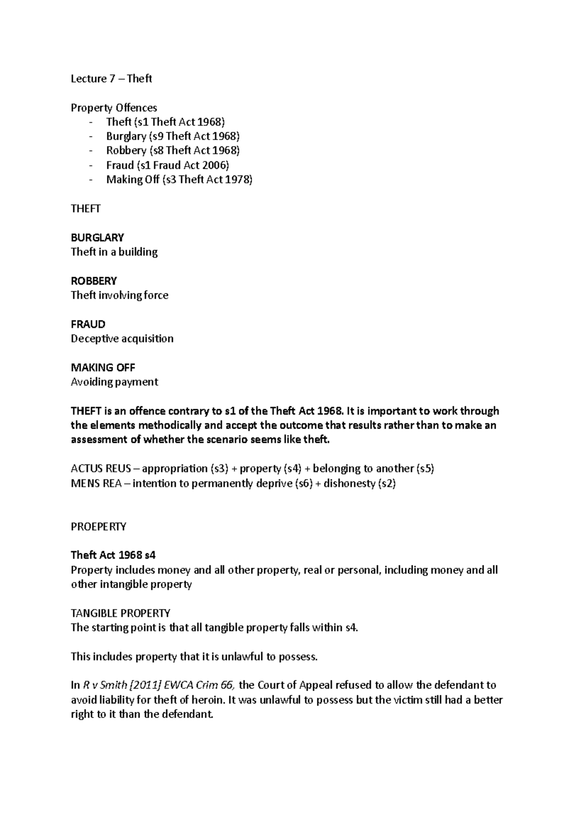 Lecture 7 - theft - Lecture 7 – Thef Property Ofences - Thef (s1 Thef ...