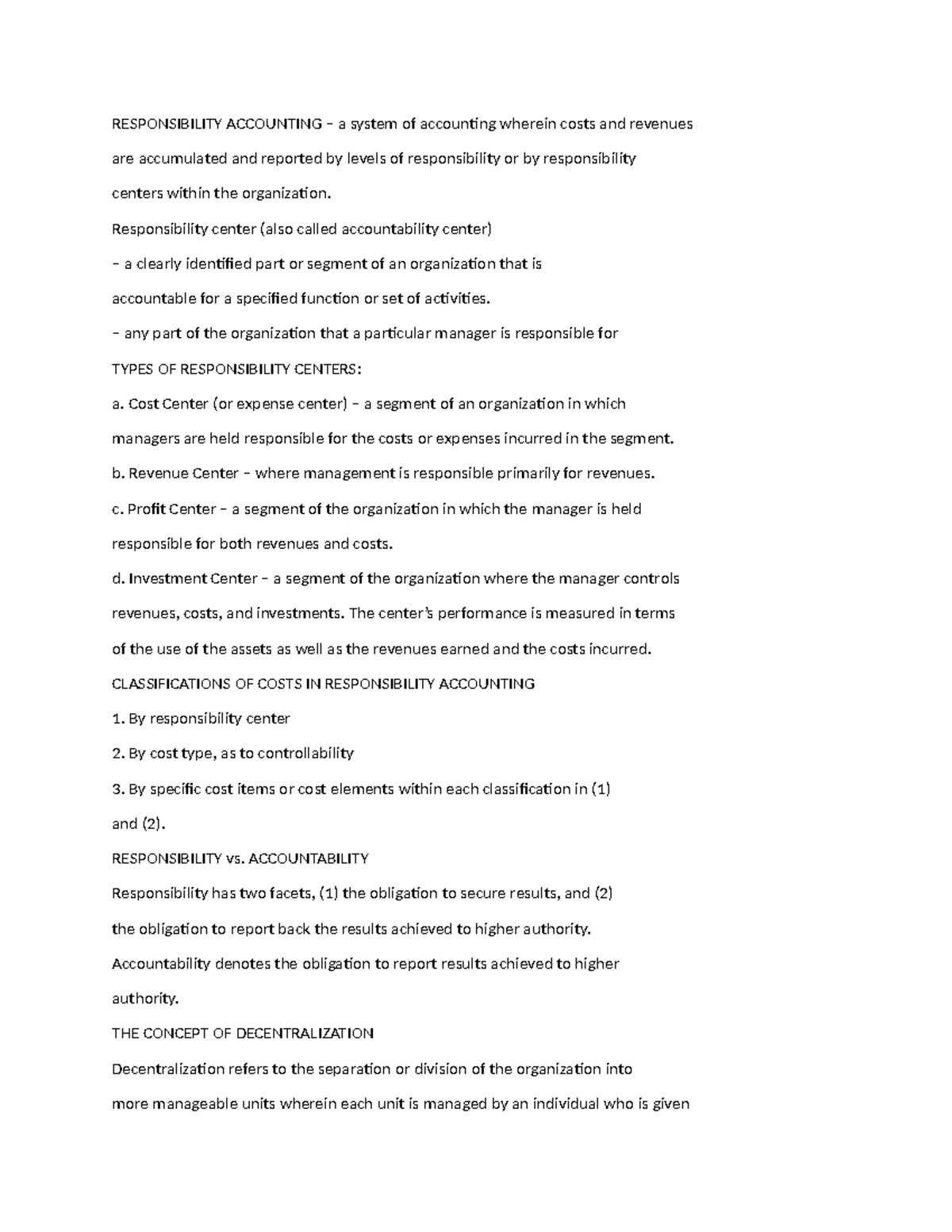 Responsibility Accounting - RESPONSIBILITY ACCOUNTING – a system of ...