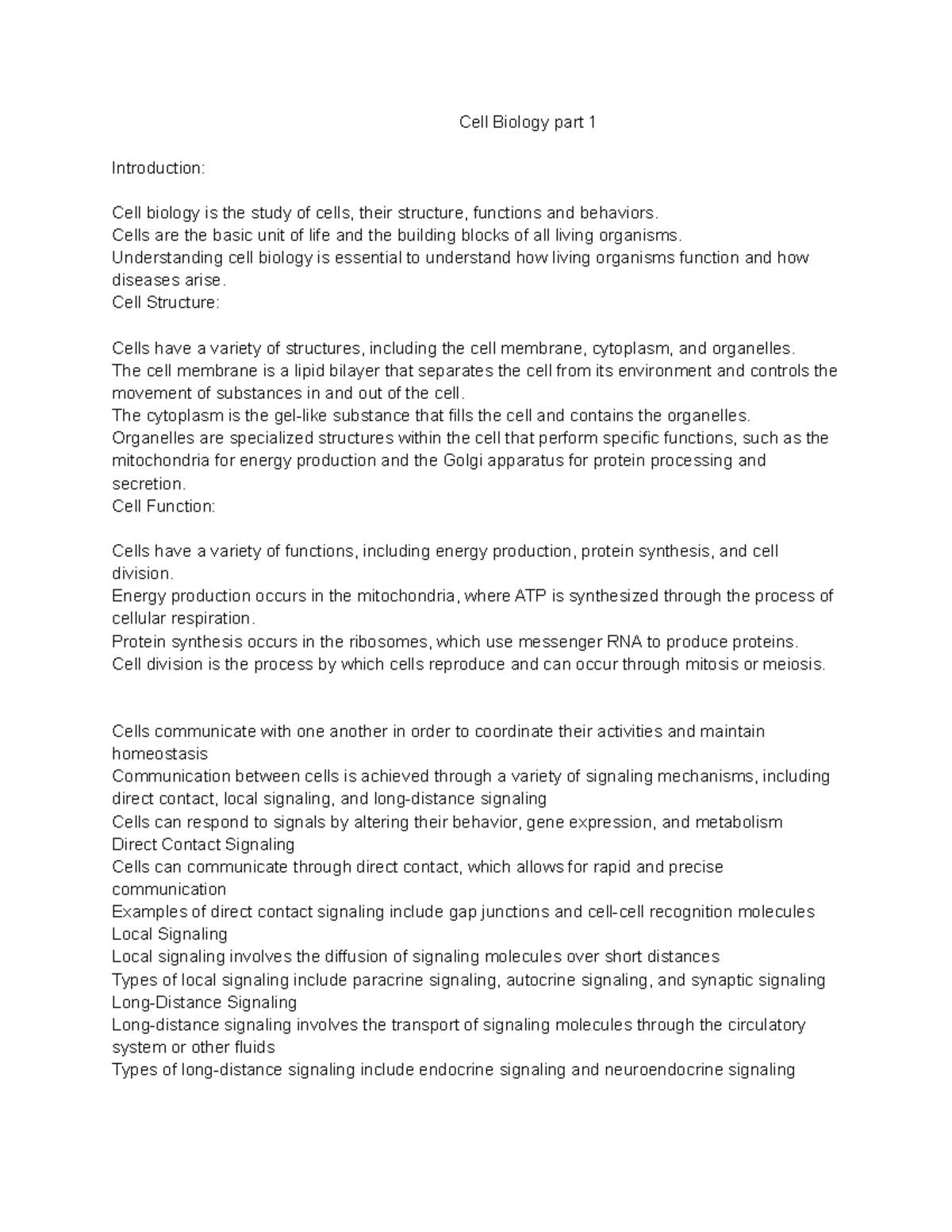 Cell Biology part 1 - Notes - Cell Biology part 1 Introduction: Cell ...