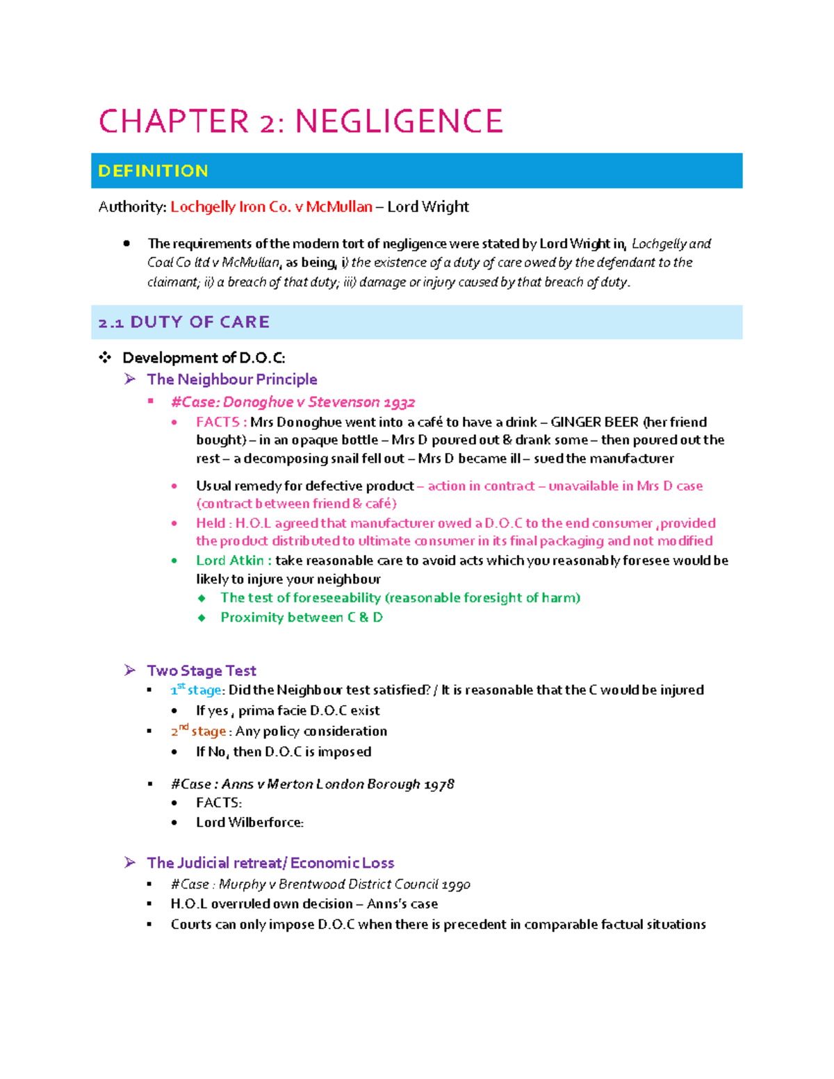Chapter 2 Negligence Notes - CHAPTER 2: NEGLIGENCE DEFINITION Authority ...