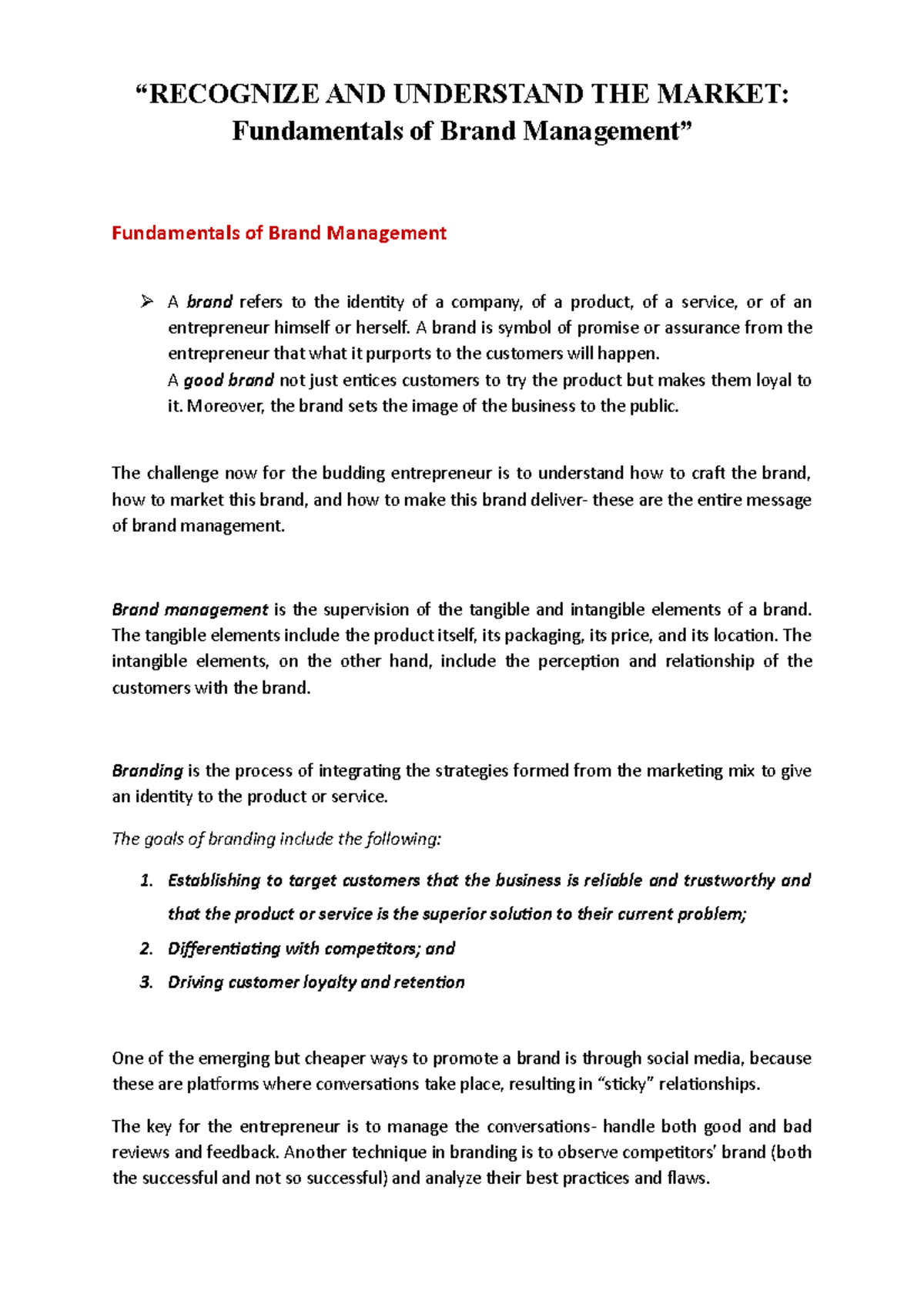 Fundamentals OF Brand Management - “RECOGNIZE AND UNDERSTAND THE MARKET ...