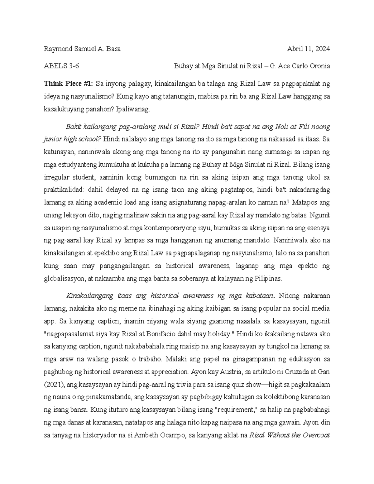 Why is there a need to study Rizal's life and works? - Raymond Samuel A ...