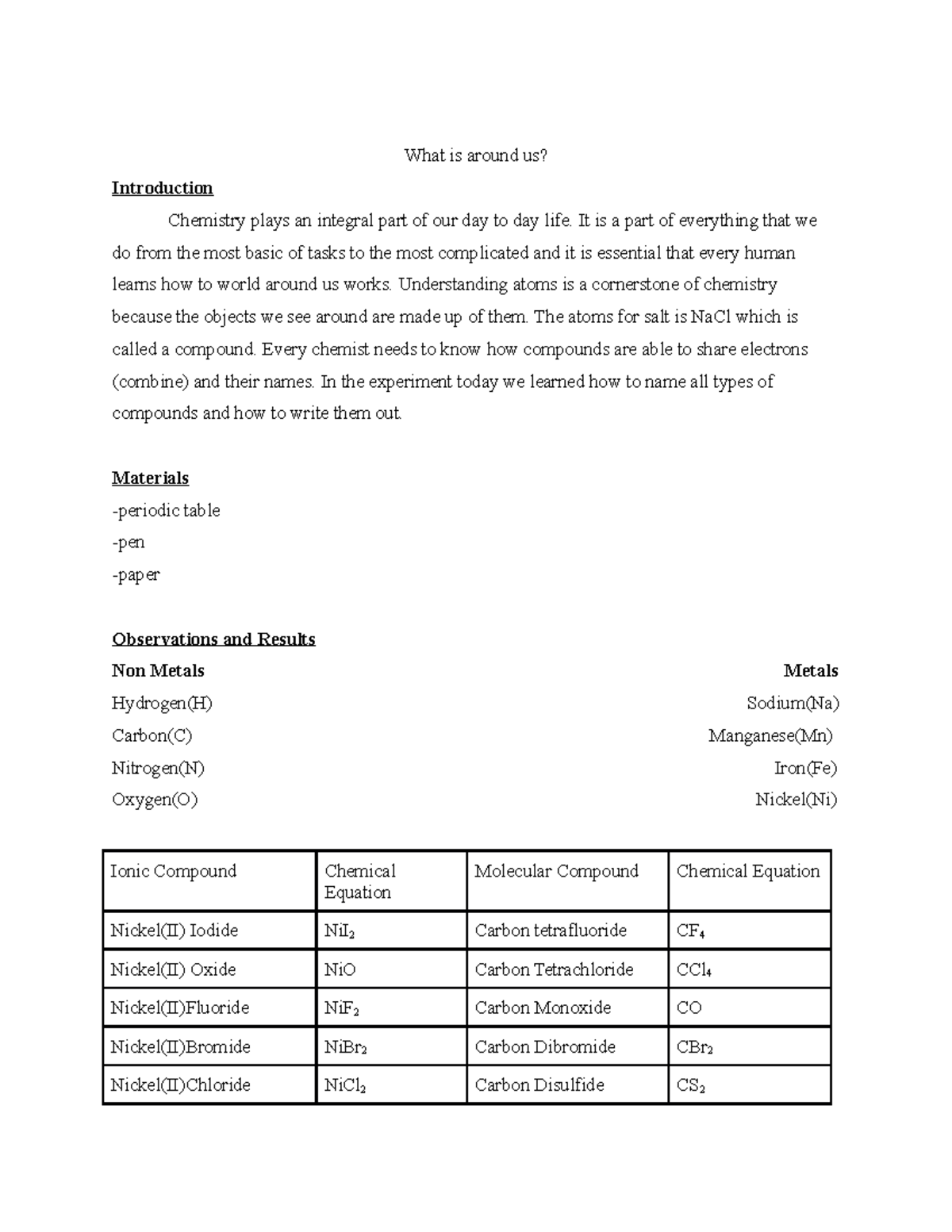 Lab 1 - lab 1 - What is around us? Introduction Chemistry plays an ...
