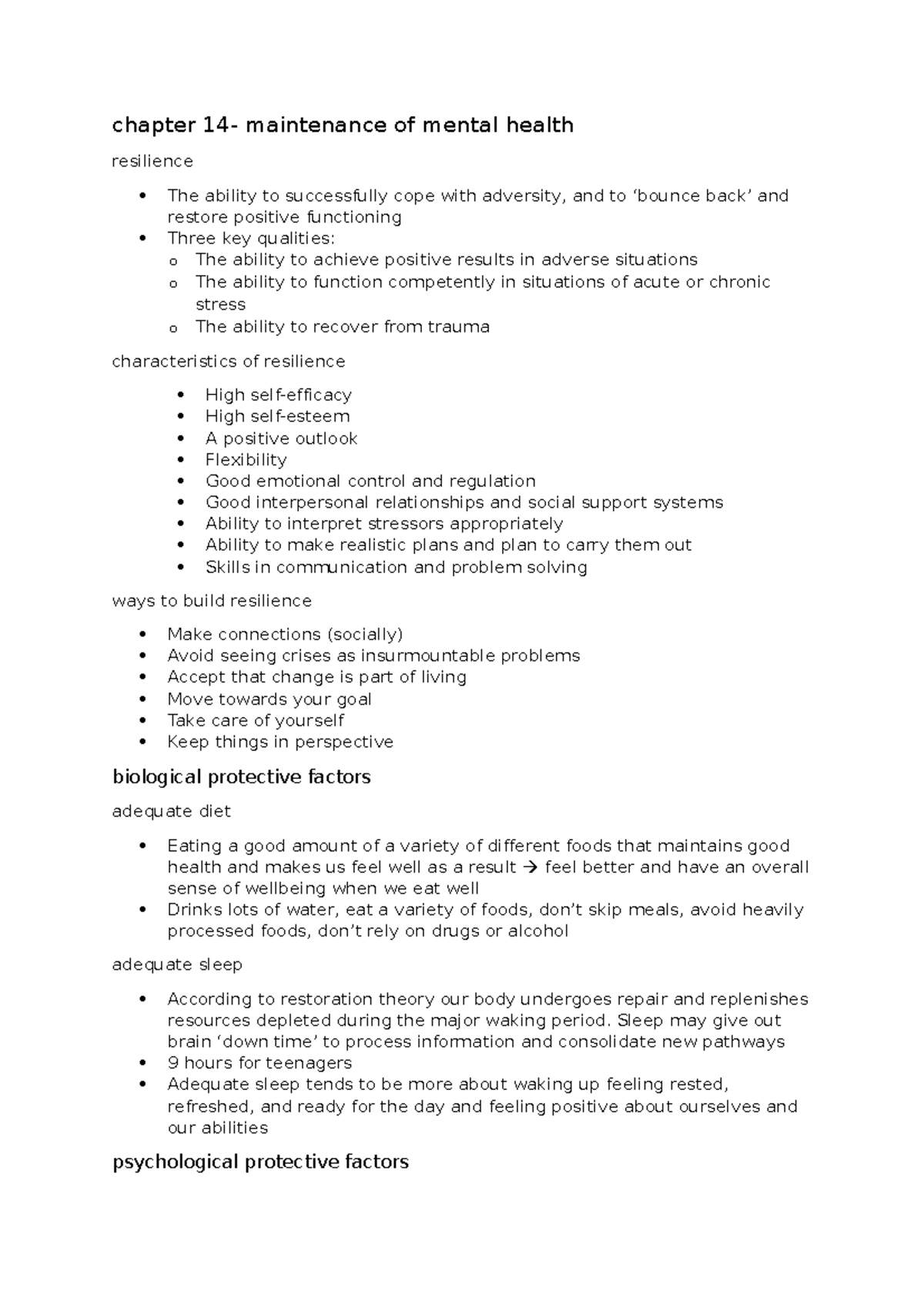 Chapter 14 summary - chapter 14- maintenance of mental health ...